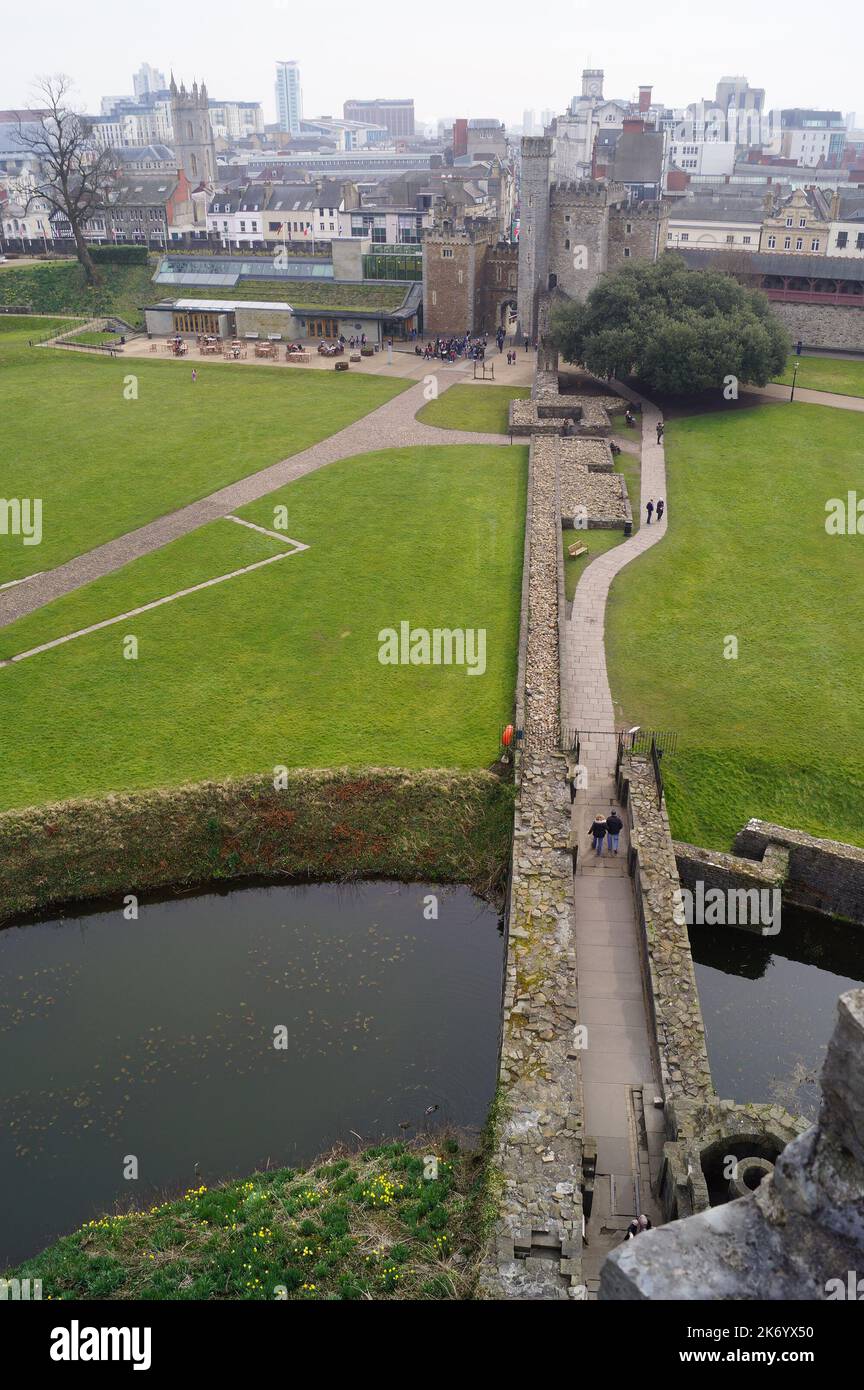 Cardiff Castle, Wales: aerial view of the moat and Castle Green from ...