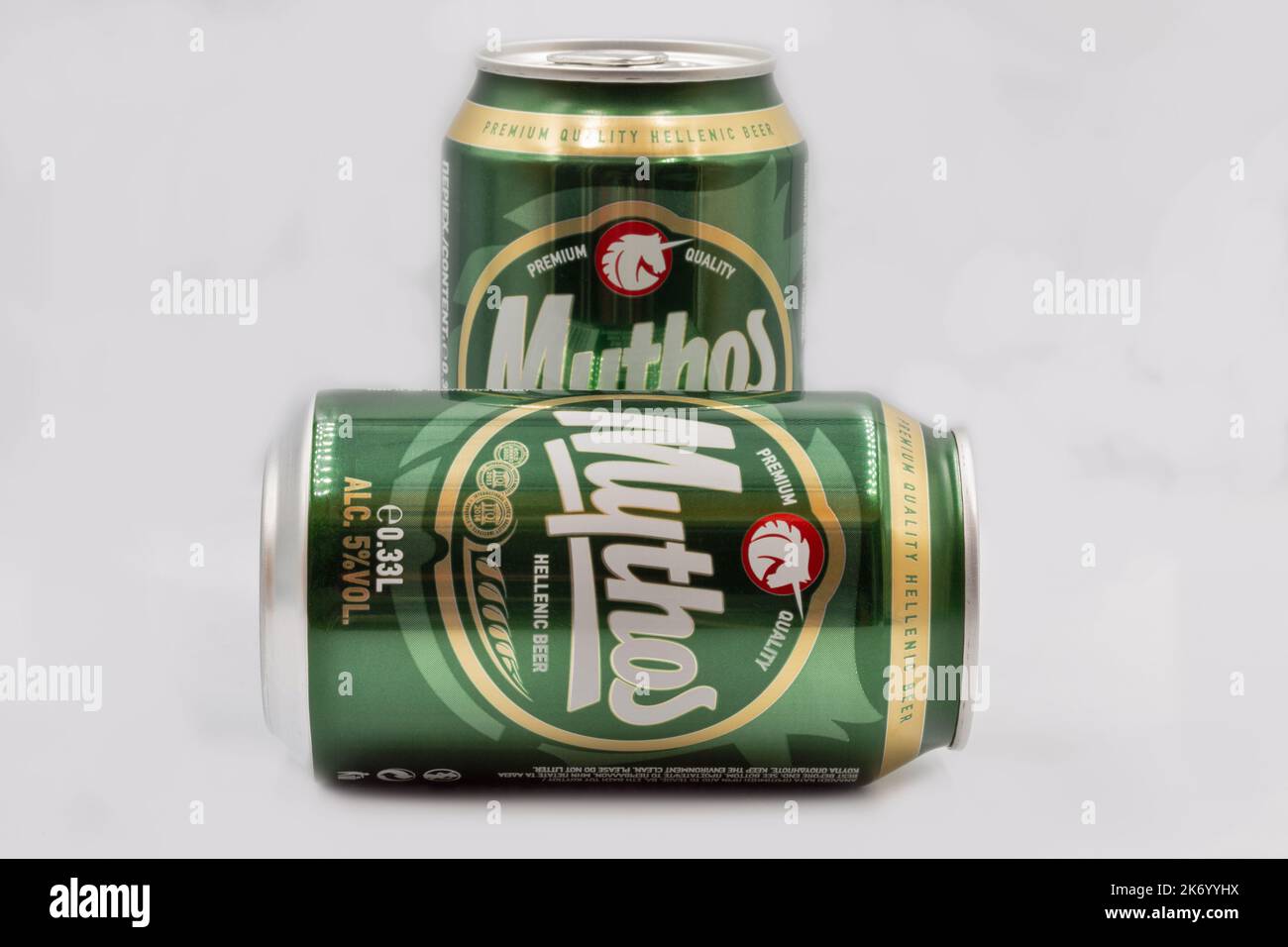 Corfu, Greece - August 05, 2021: Studio shoot of Mythos beer cans ...