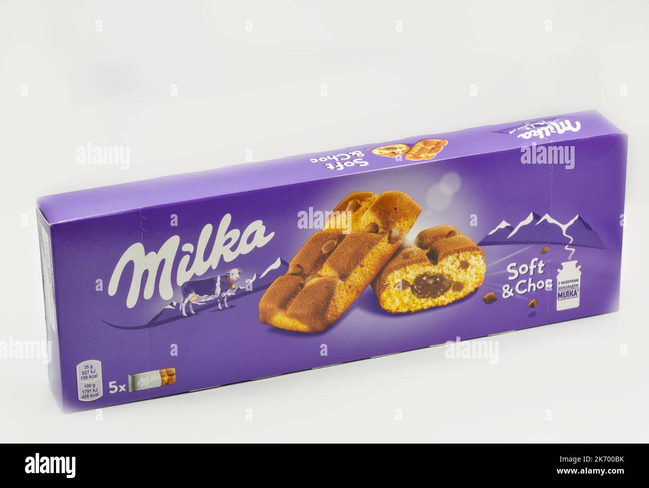Kyiv, Ukraine - May 06, 2022: Studio shoot of Milka Soft and Choc snak ...