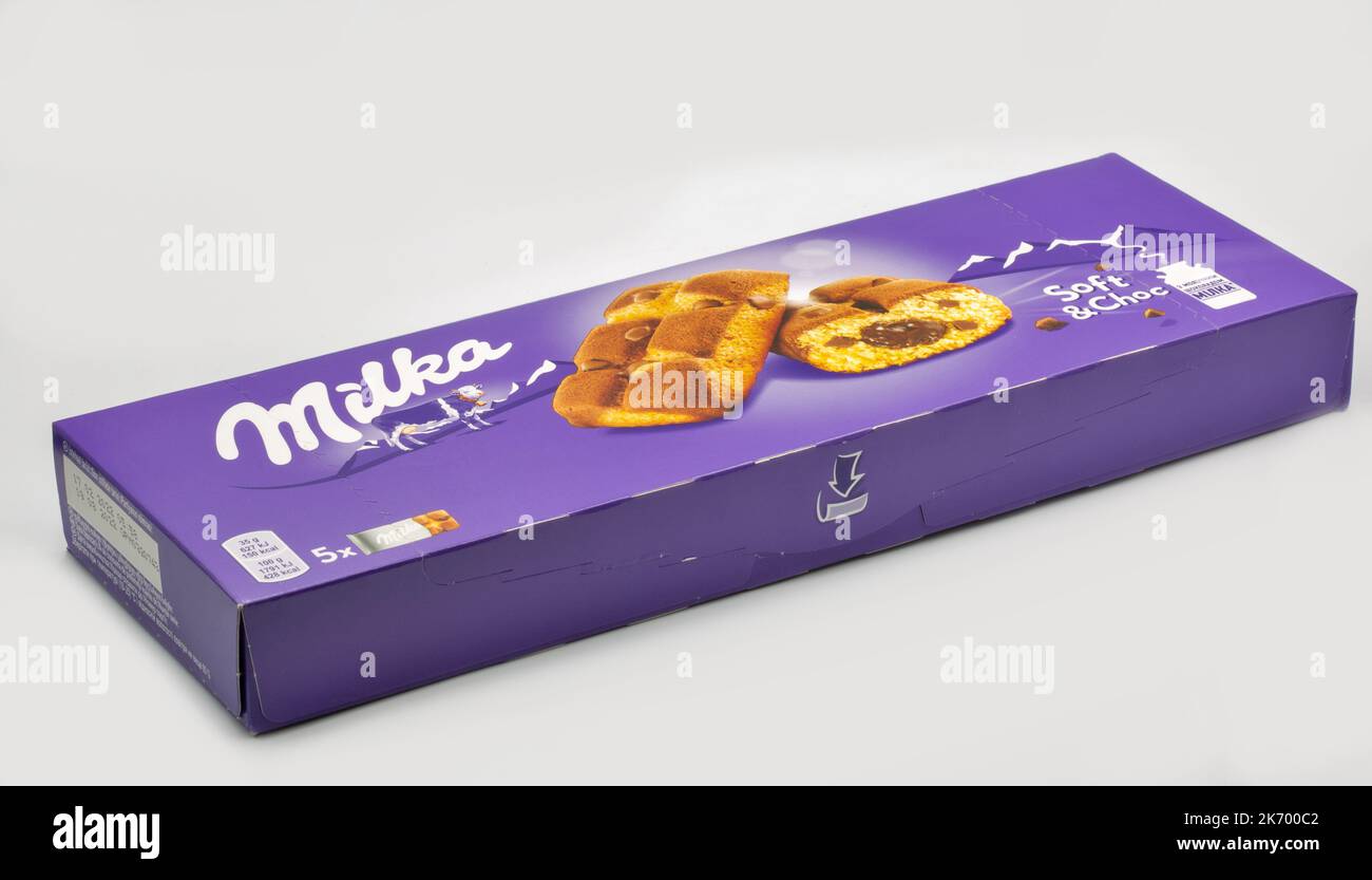 Kyiv, Ukraine - May 06, 2022: Studio shoot of Milka Soft and Choc snak ...