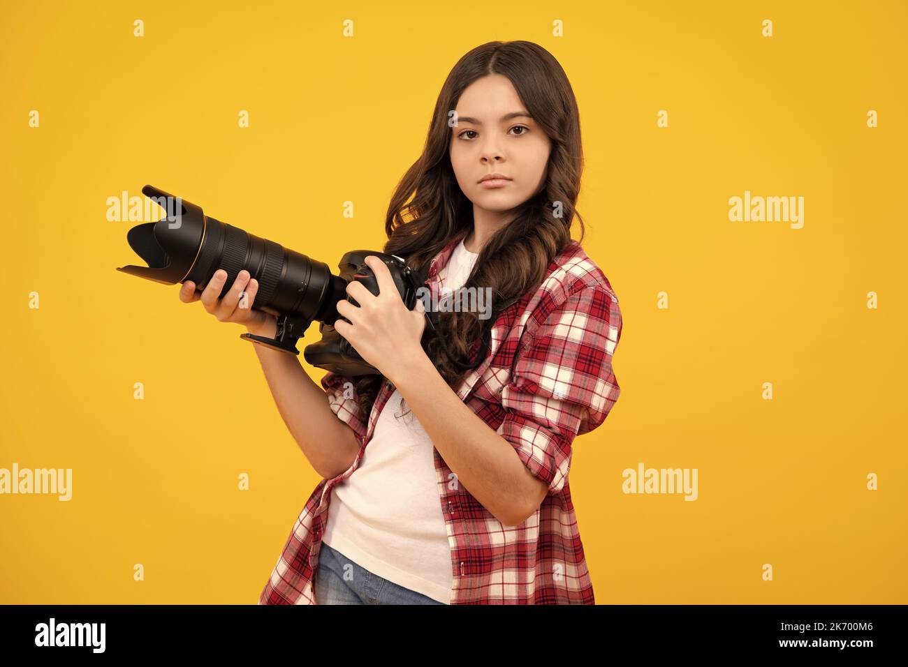 Hobby or career for photographer beginner. Teenage girl with modern ...