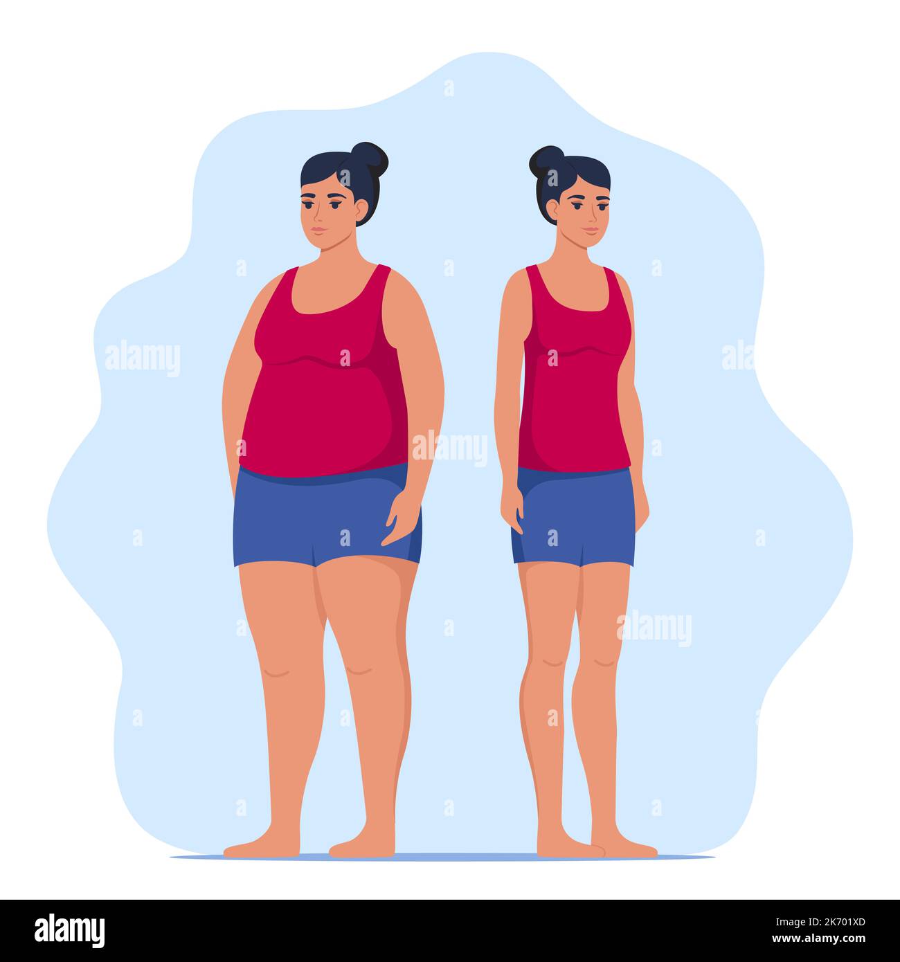 Fat and slim woman, before and after weight loss. Woman in sportswear ...
