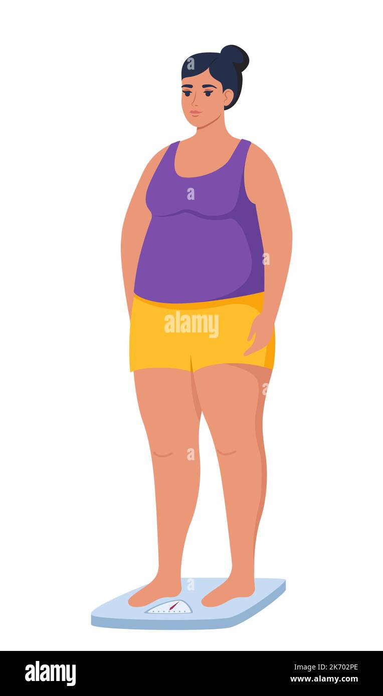 Fat obese woman standing on weigh scales. Oversize fatty girl. Obesity ...