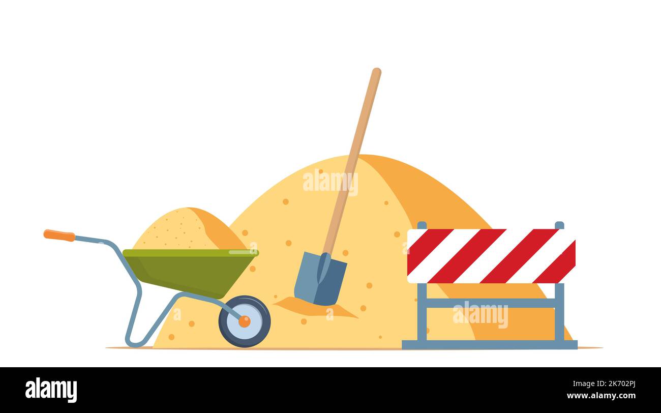 Wheelbarrow, sand pile, shovel. Building work process concept ...