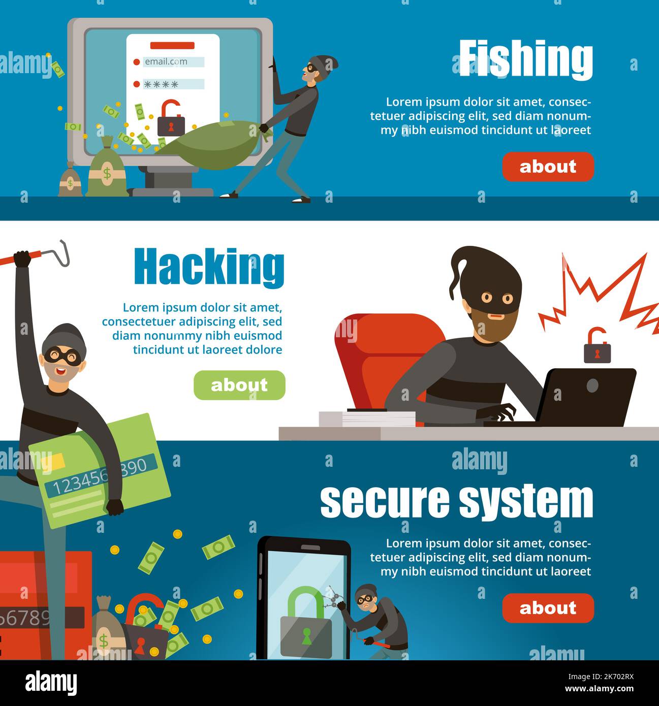 Hacker. Cyber criminals hacker digital attacks fishing damaged firewalls. Vector cartoon banners ...