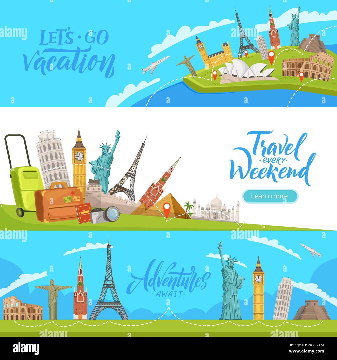 Travel banners. historical landmarks for travellers outdoor exploration ...