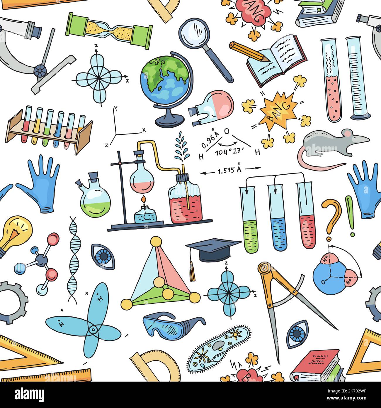 Science pattern. symbols of chemical lab science industry vector ...