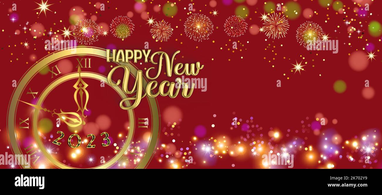 Happy new year 2023 greeting card with bokeh lights, fireworks and champagne glasses in Spanish ...
