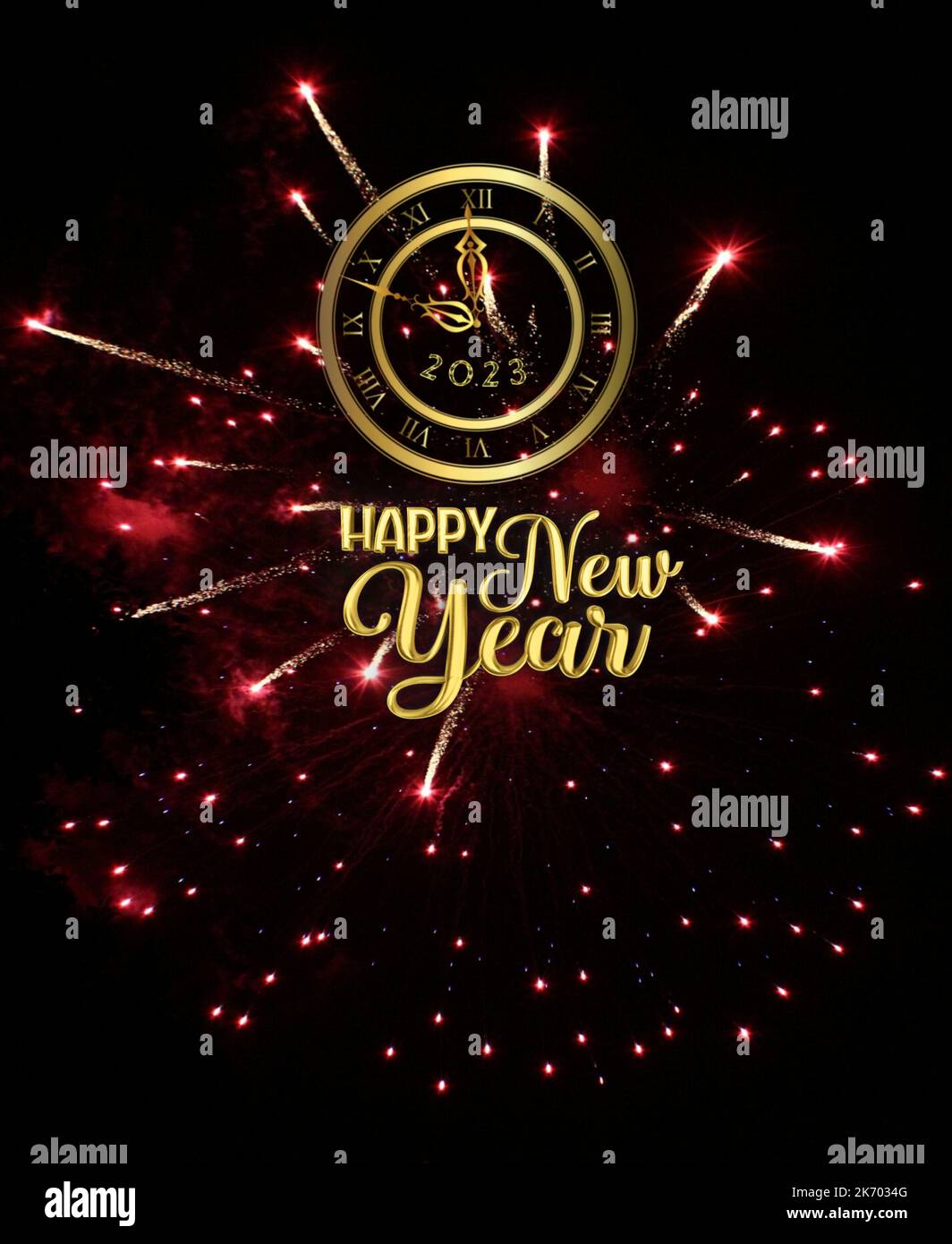 Happy new year 2023 greeting card with bokeh lights, fireworks and champagne glasses in Spanish ...