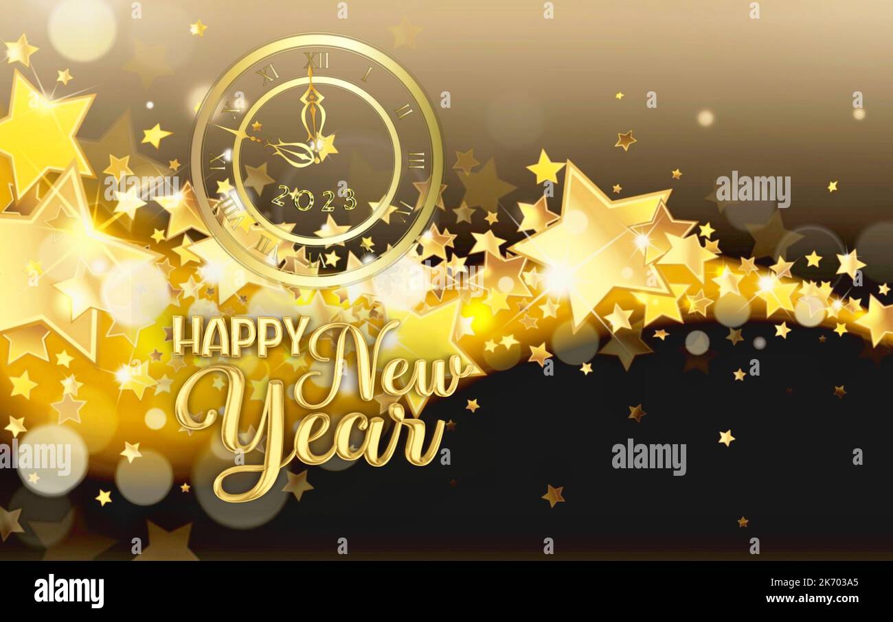 Happy new year 2023 greeting card with bokeh lights, fireworks and champagne glasses in Spanish ...