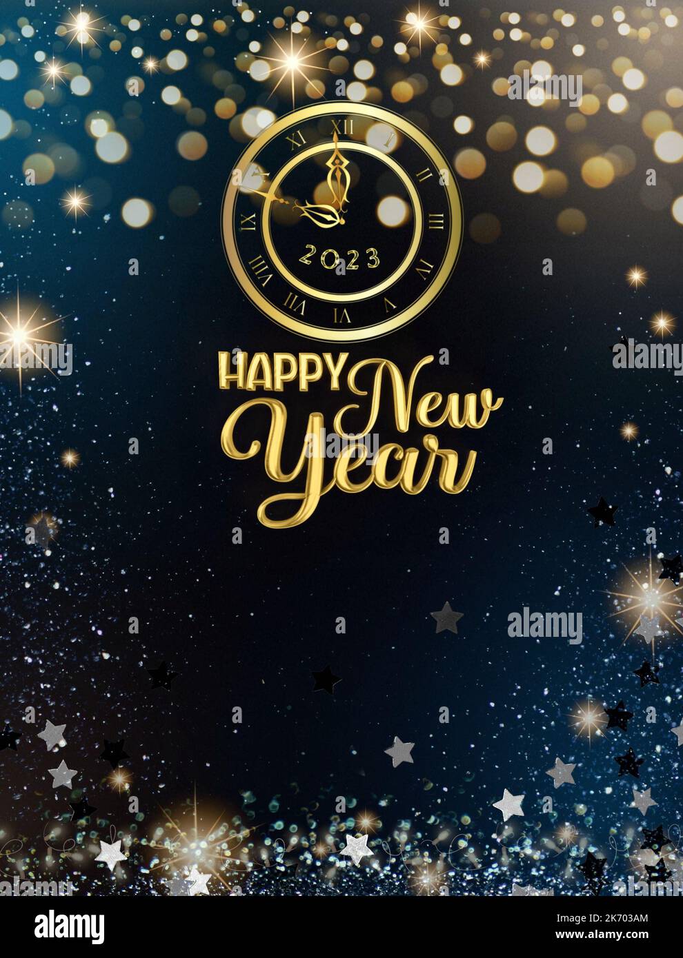 Happy new year 2023 greeting card with bokeh lights, fireworks and champagne glasses in Spanish ...