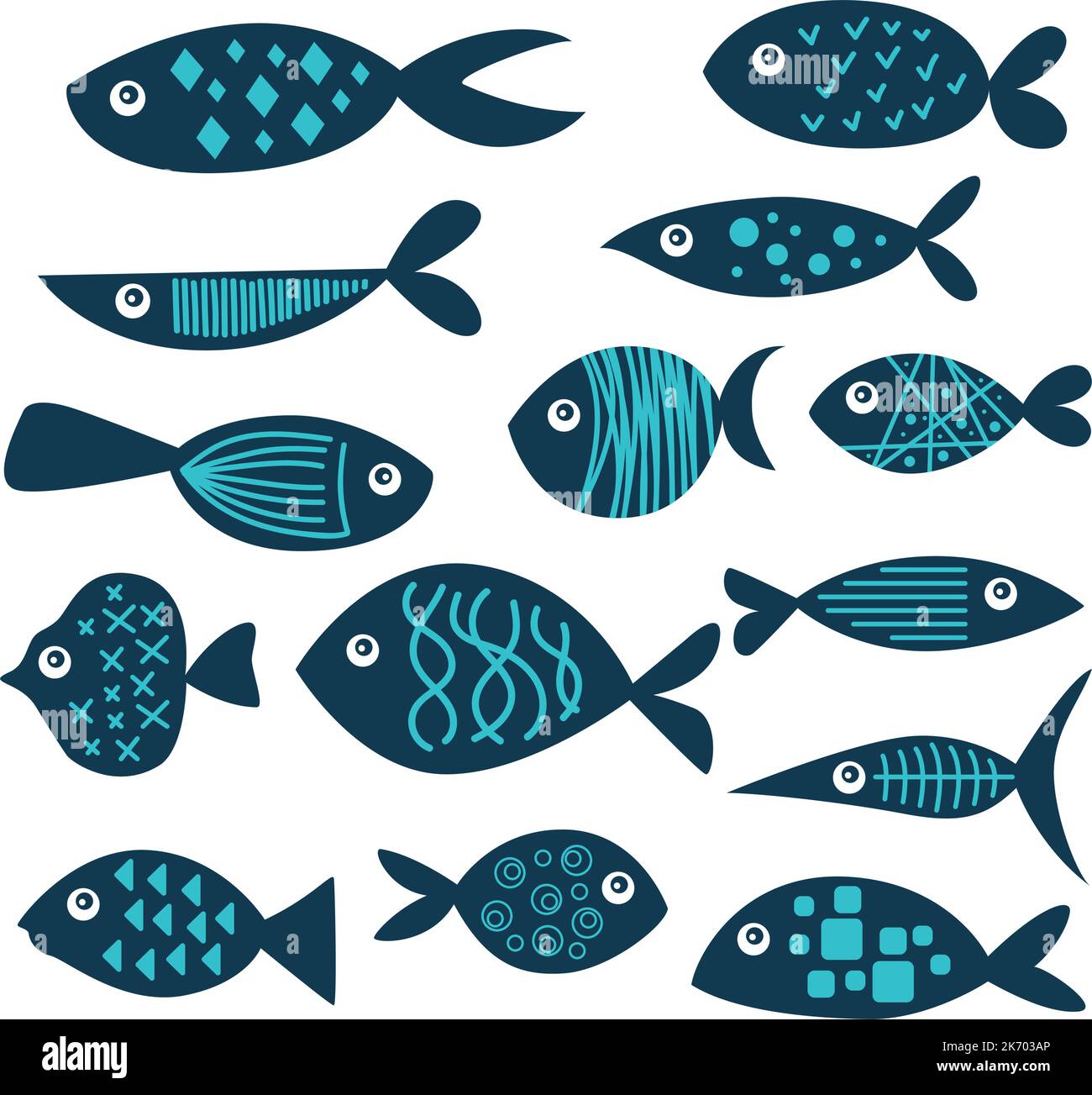 A set of different, unusual, bright fish. Pattern for textiles. Hand ...