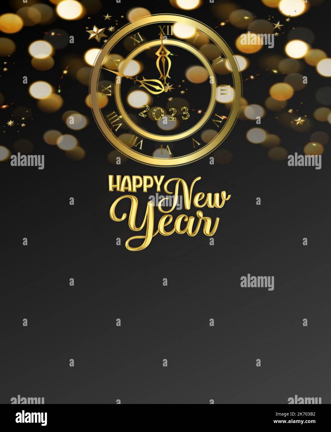Happy new year 2023 greeting card with bokeh lights, fireworks and champagne glasses in Spanish ...