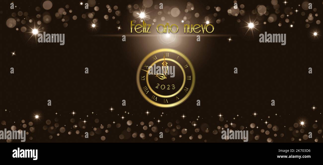 Happy new year 2023 greeting card with bokeh lights, fireworks and champagne glasses in Spanish ...