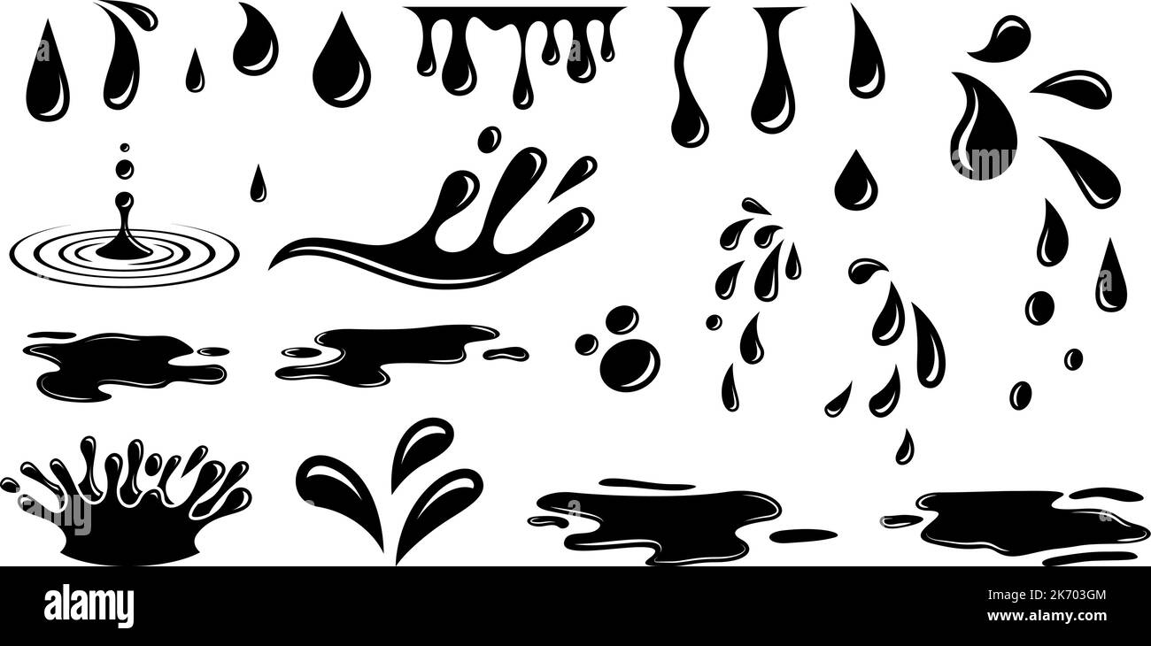 Puddles drops splashing water. Dripping liquid elements, isolated black ...