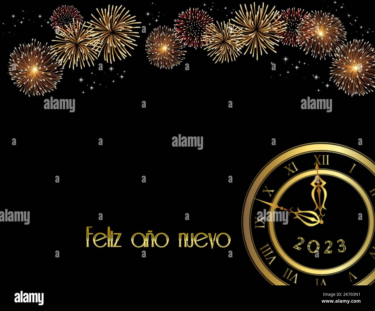 Happy new year 2023 greeting card with bokeh lights, fireworks and champagne glasses in Spanish ...