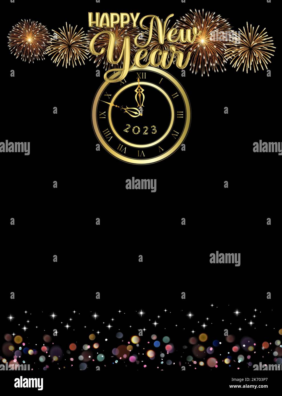 Happy new year 2023 greeting card with bokeh lights, fireworks and champagne glasses in Spanish ...