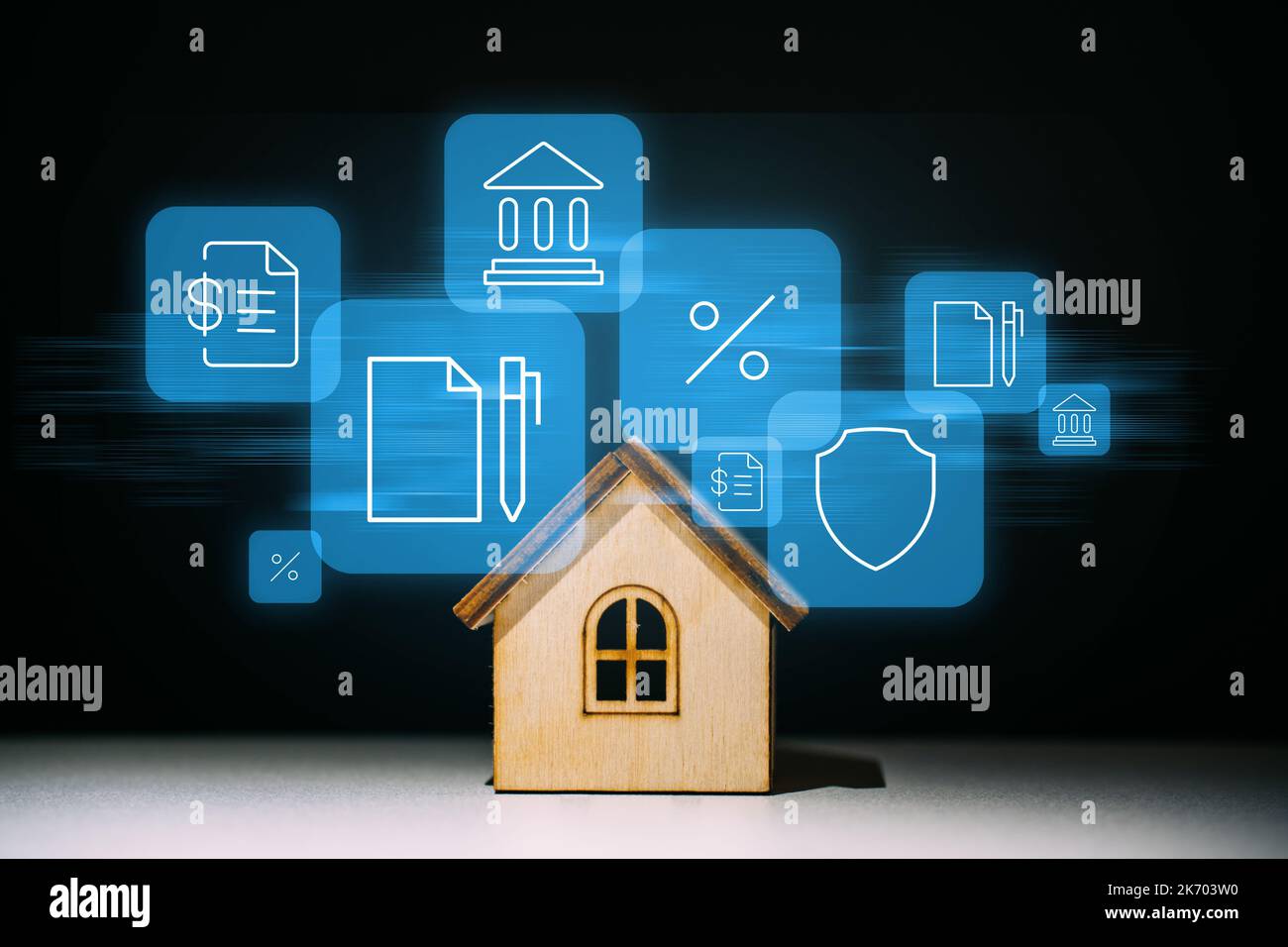 Real estate purchase concept. Bank mortgage. House with holographic ...