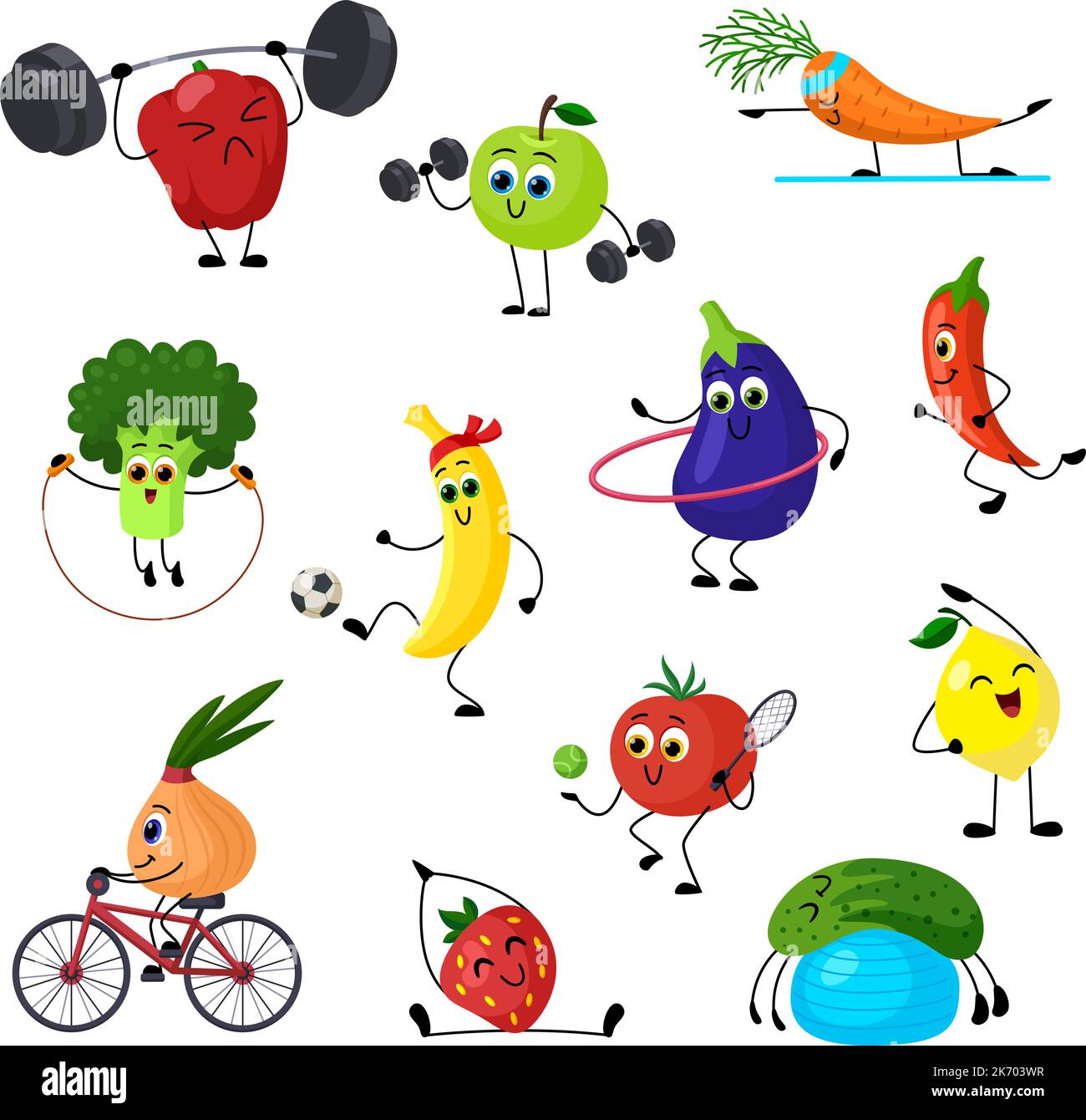 Cartoon sport fruits, funny yoga and strong training. Fit fruit, pepper ...