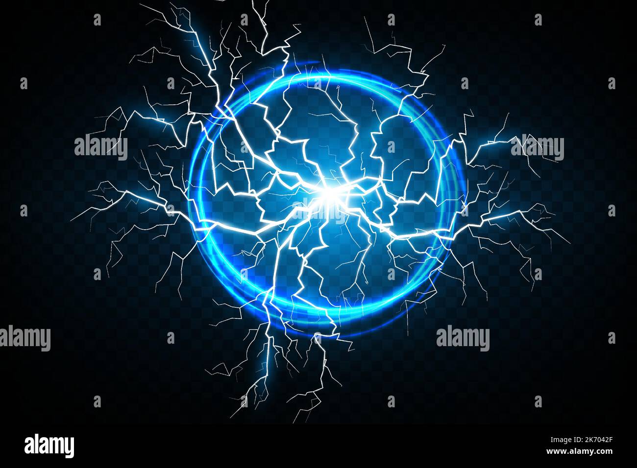Ball lightning on a transparent dark blue background. Vector illustration, abstract electric ...