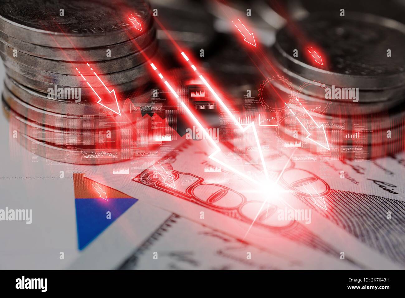 Concept of crisis and fall of stock markets. Arrows down with charts on ...