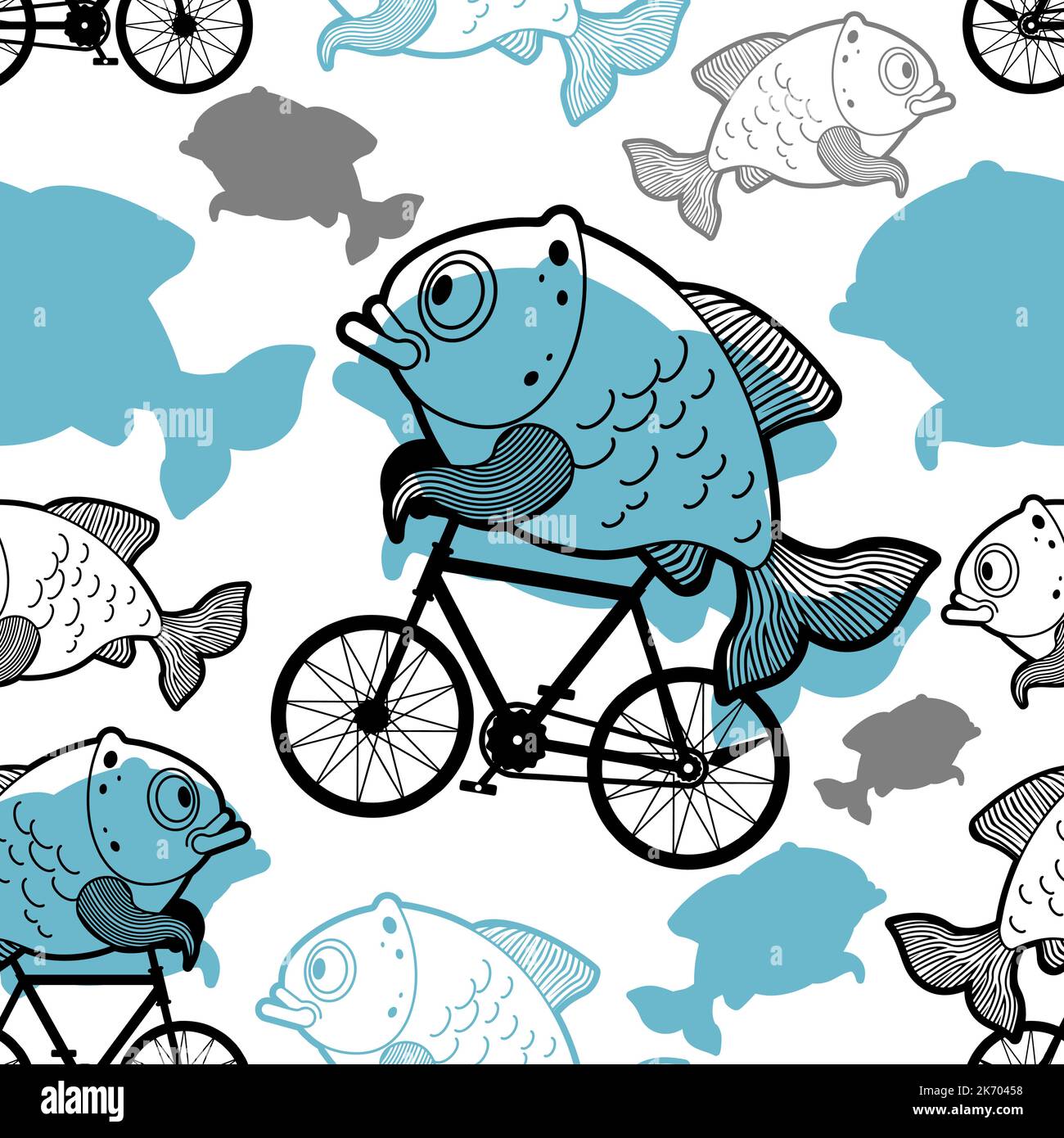 Fish on bike Pattern seamless. Carp on bicycle Cartoon Background. Baby ...