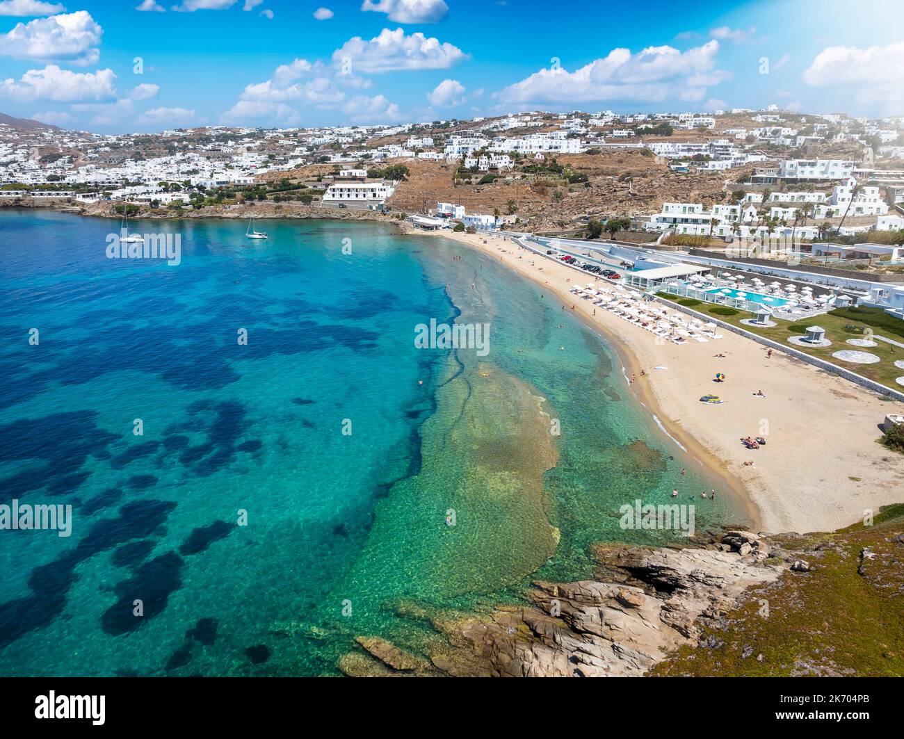 Panoramic view of the Megali Ammos beach, Mykonos island Stock Photo ...