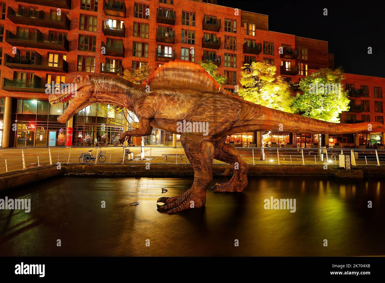 A lifesized replica of a Spinosaurus at Granry Wharf in Leeds, which is ...