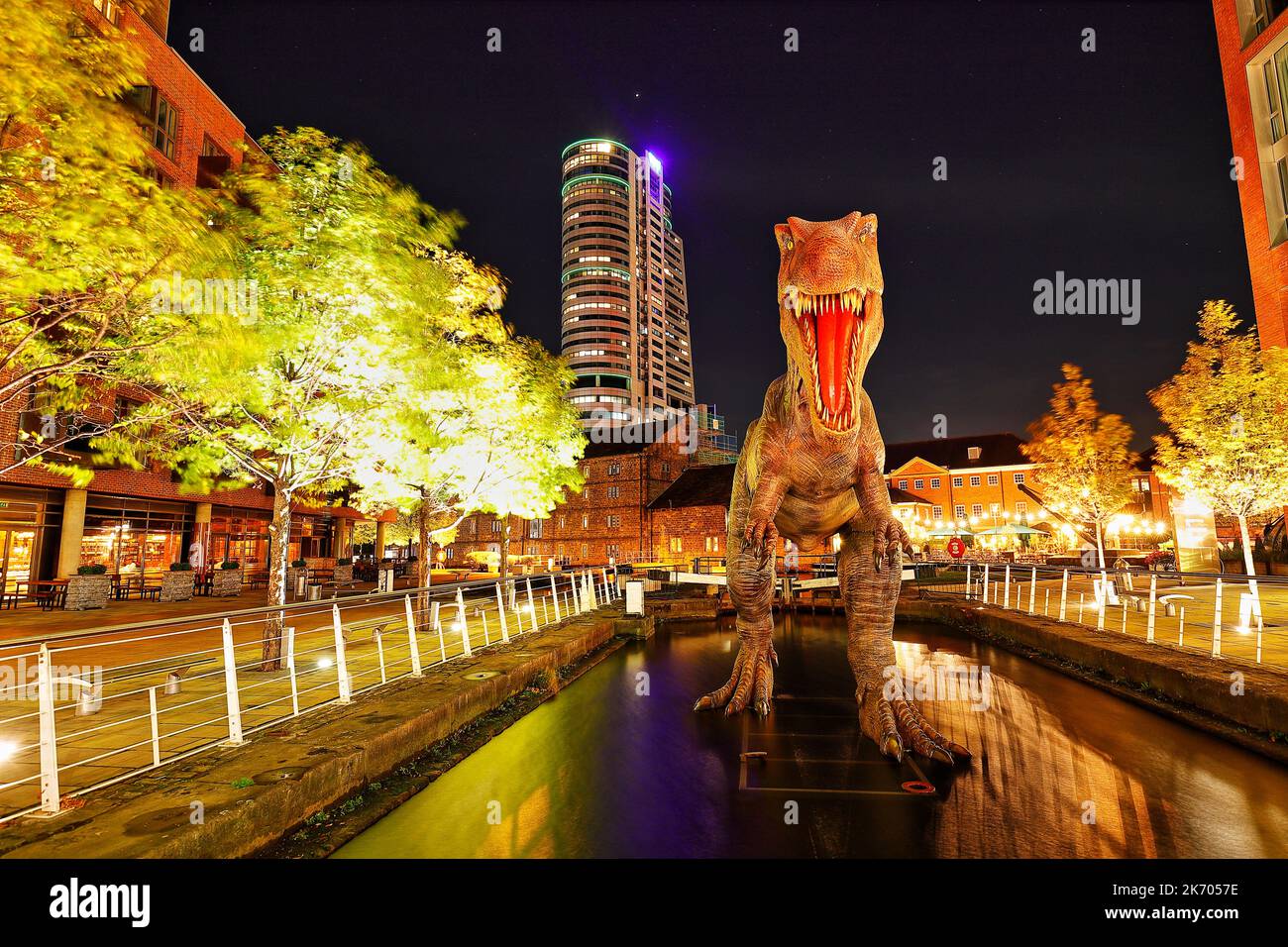 A lifesized model replica of a Spinosaurus at Granry Wharf in Leeds ...