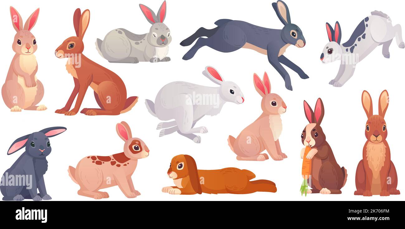 Cartoon hares poses. Wild spring gray hare with carrot, cute bunny ...