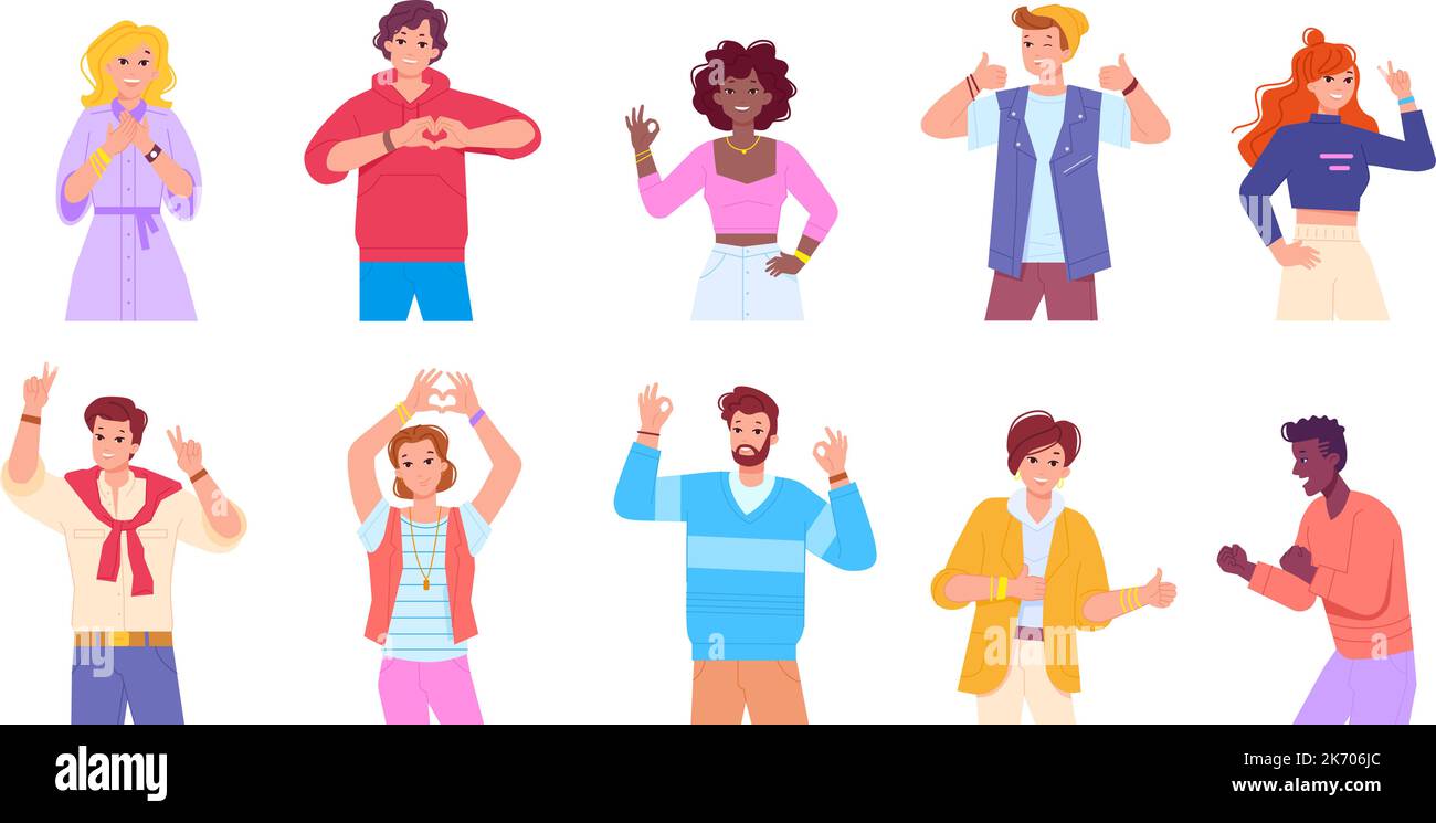 Happy people language gestures. Confident characters showing hand ...