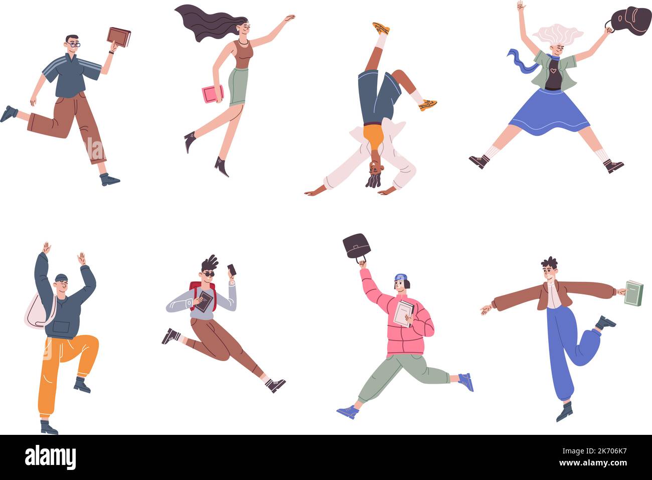 Students jumping poses. Jump diverse cartoon people, happy laughing ...