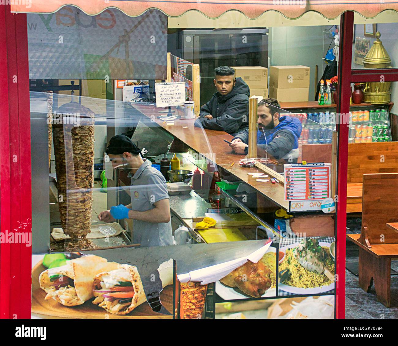 interior of kebab pizza take away fast food premises viewed from a ...