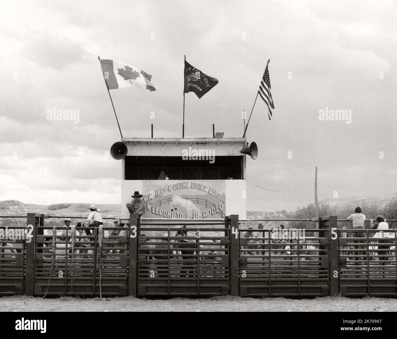Announcer's booth and rodeo chutes at the Writing on Stone Rodeo ...
