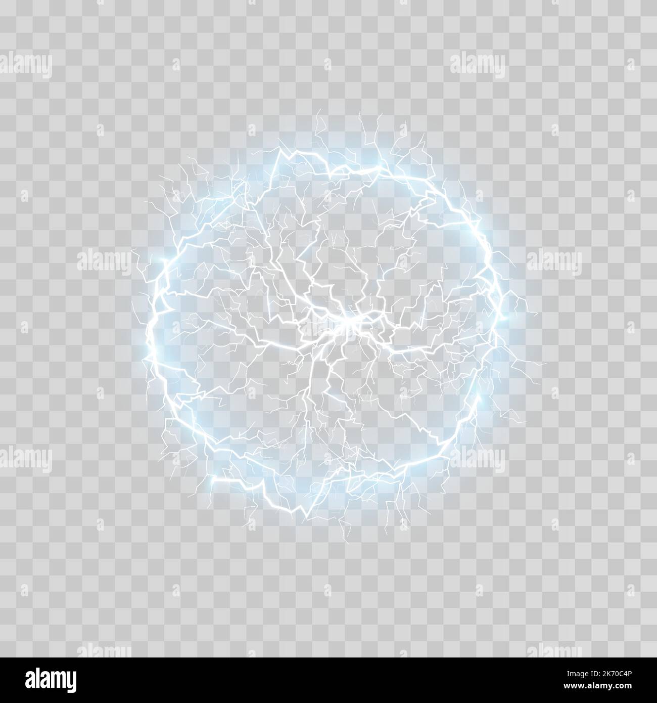 Ball lightning on a transparent dark blue background. Vector illustration, abstract electric ...