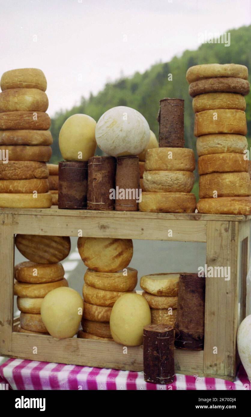 Brasov County, Romania, approx, 2000. Traditional cheeses sold by the ...