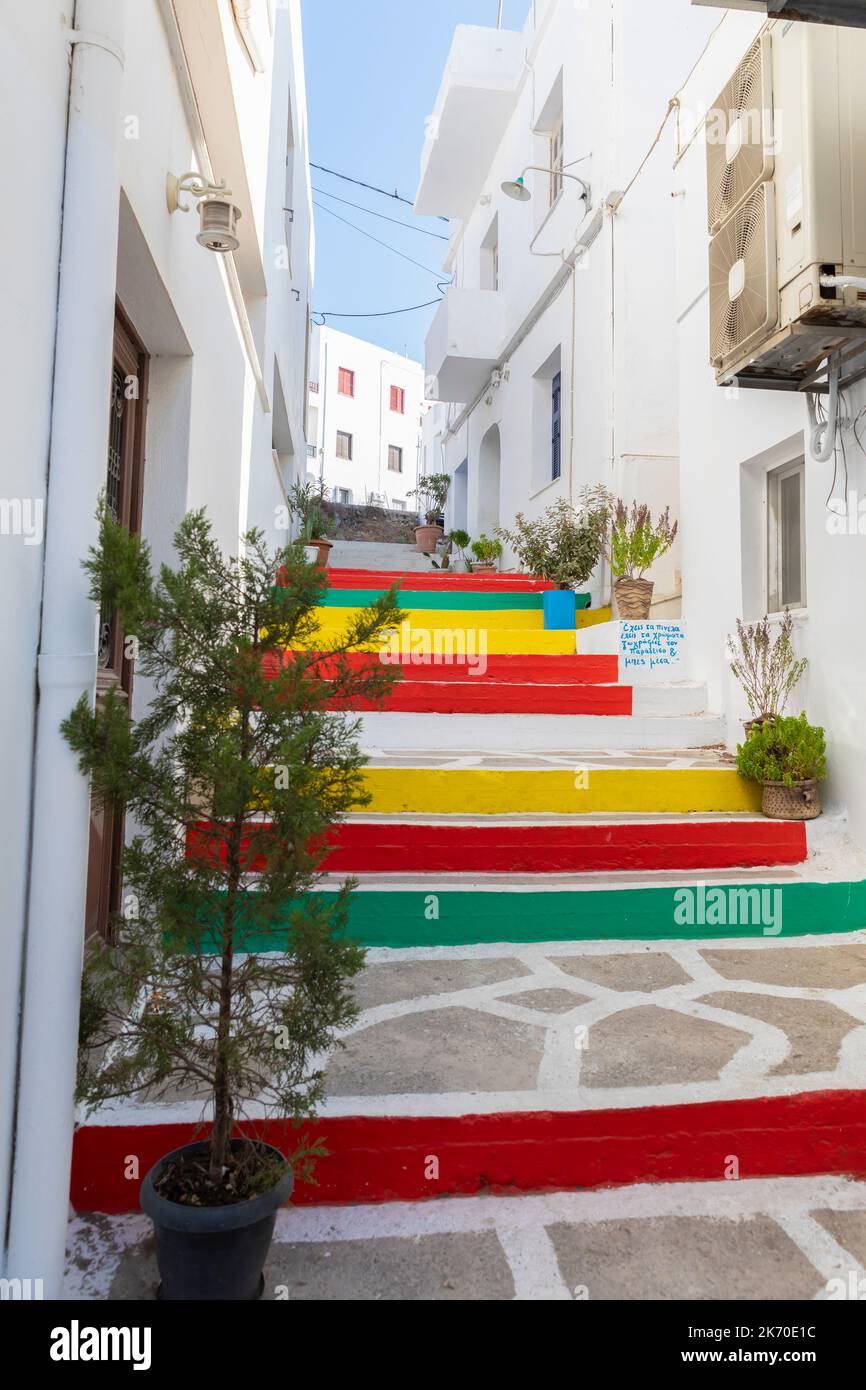 Colorful stairs between stucco building on Naxos, Greece Stock Photo ...