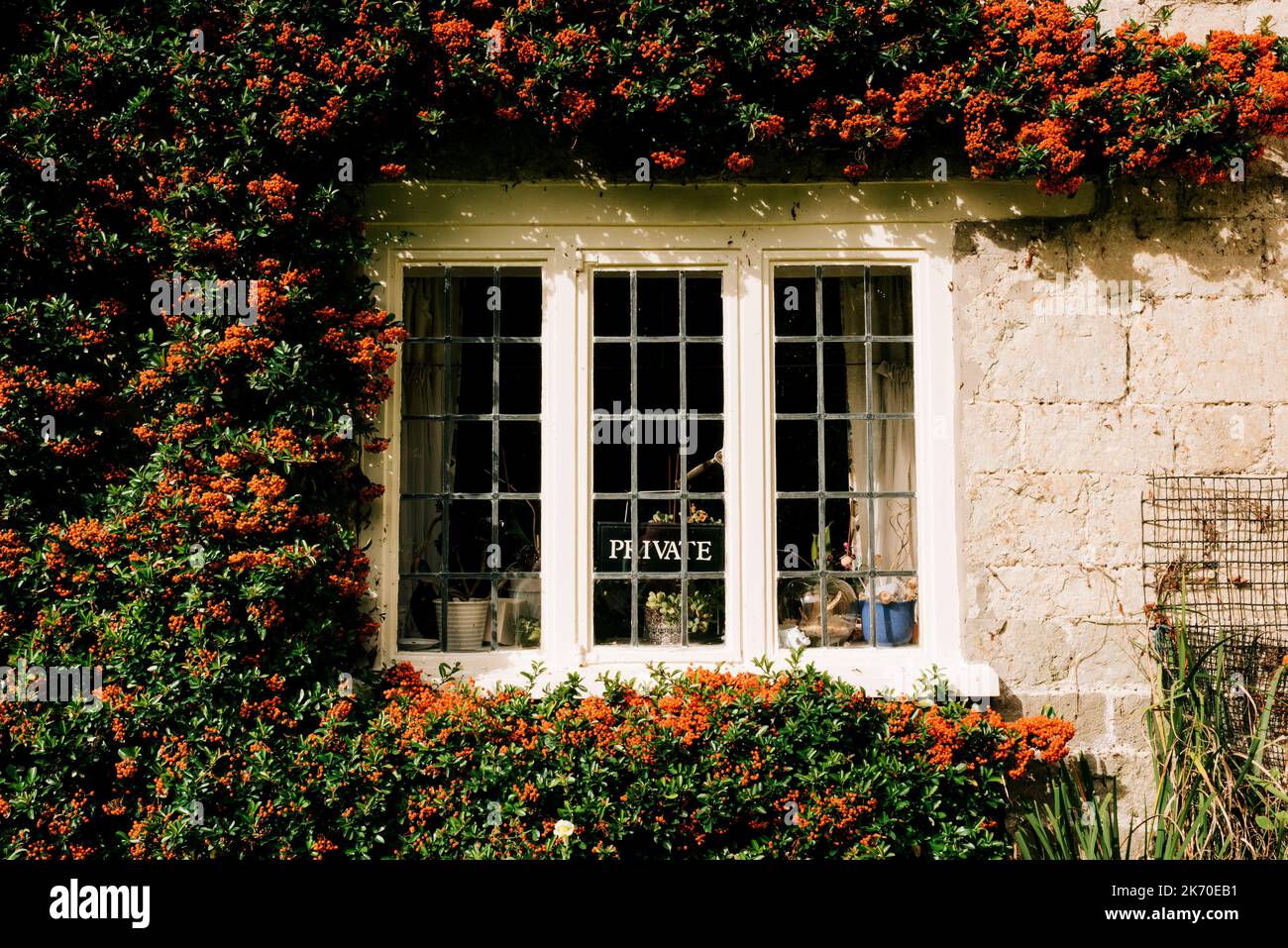 old english country house window with a private sign Stock Photo - Alamy