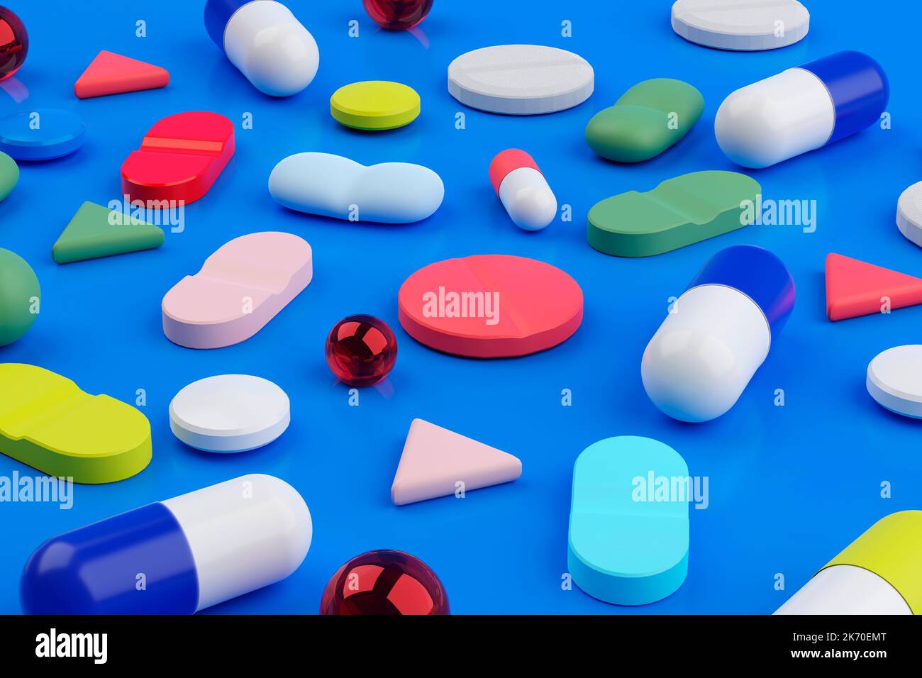 A background filled with various medical pills and health capsules ...