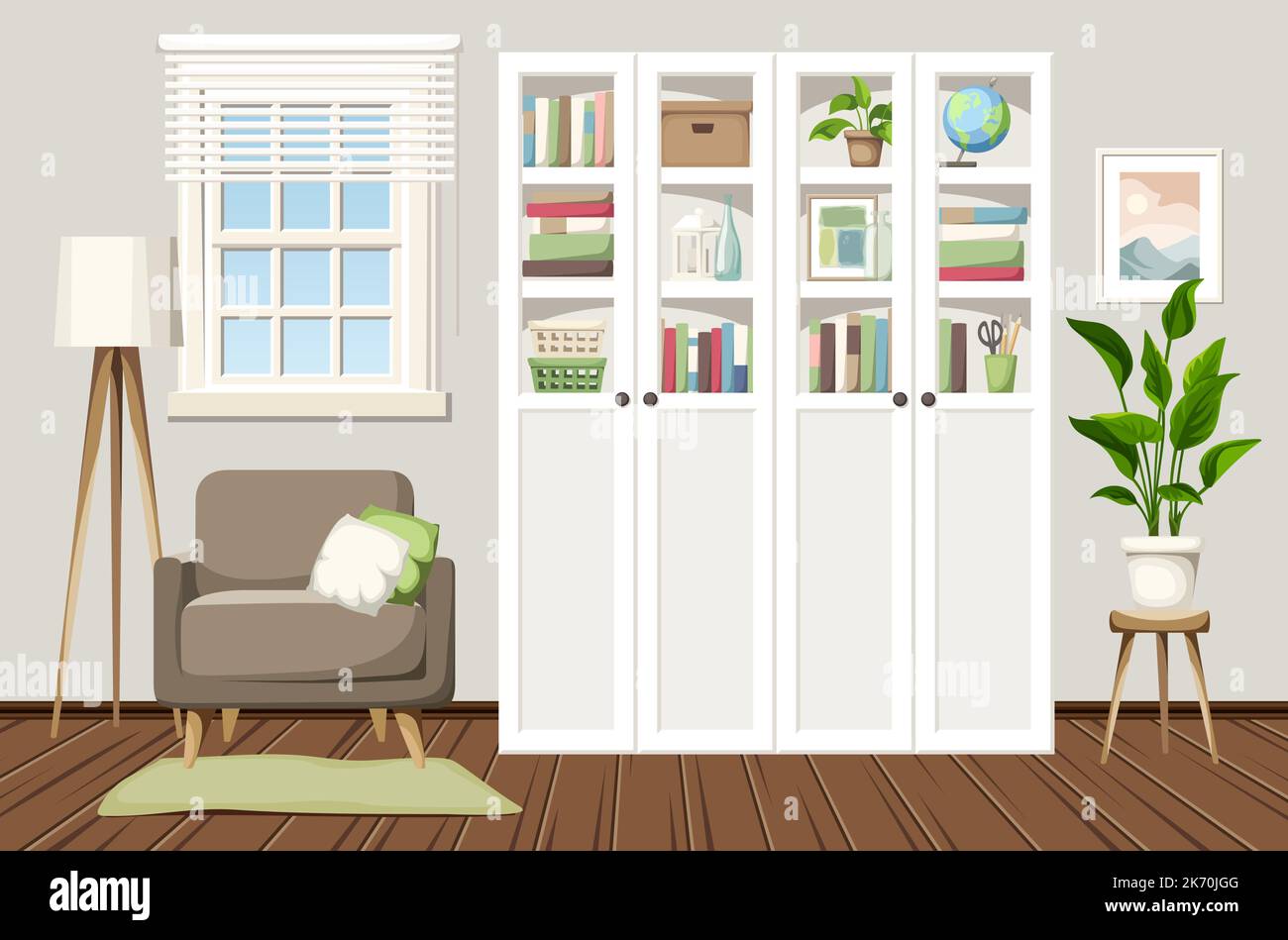 Living room interior with white bookcases and an armchair. Scandinavian ...