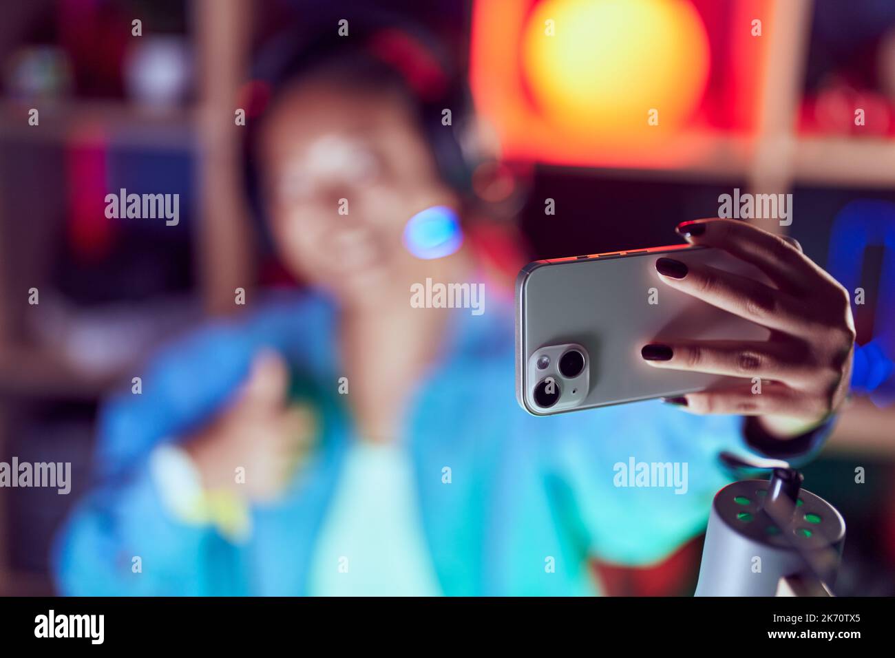 Young chinese woman streamer smiling confident make selfie by ...