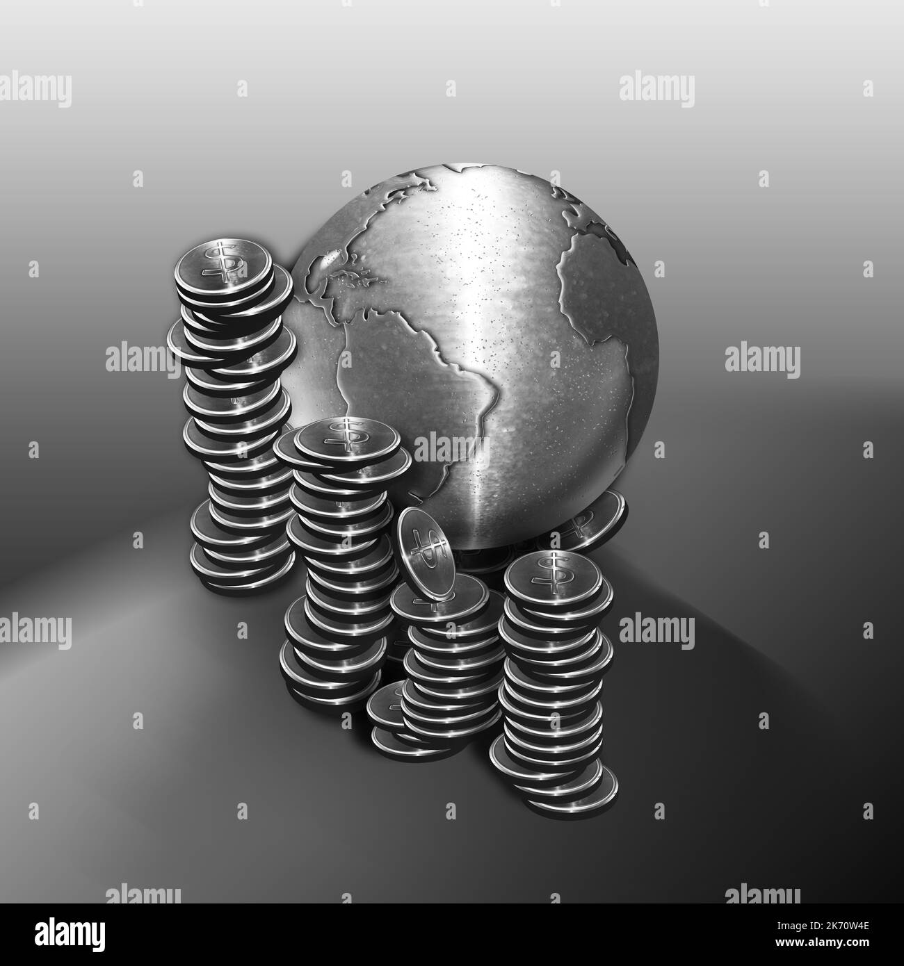 3d illustration golden metal earth globe with coins money around hi-res ...