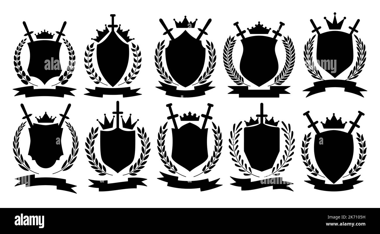Heraldic royal emblem set with kings crown, shield, sword, laurel wreath, ribbon. Different ...