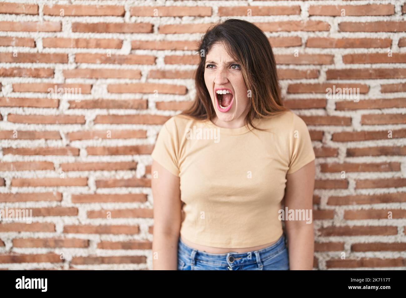 Young brunette woman standing over bricks wall angry and mad screaming ...
