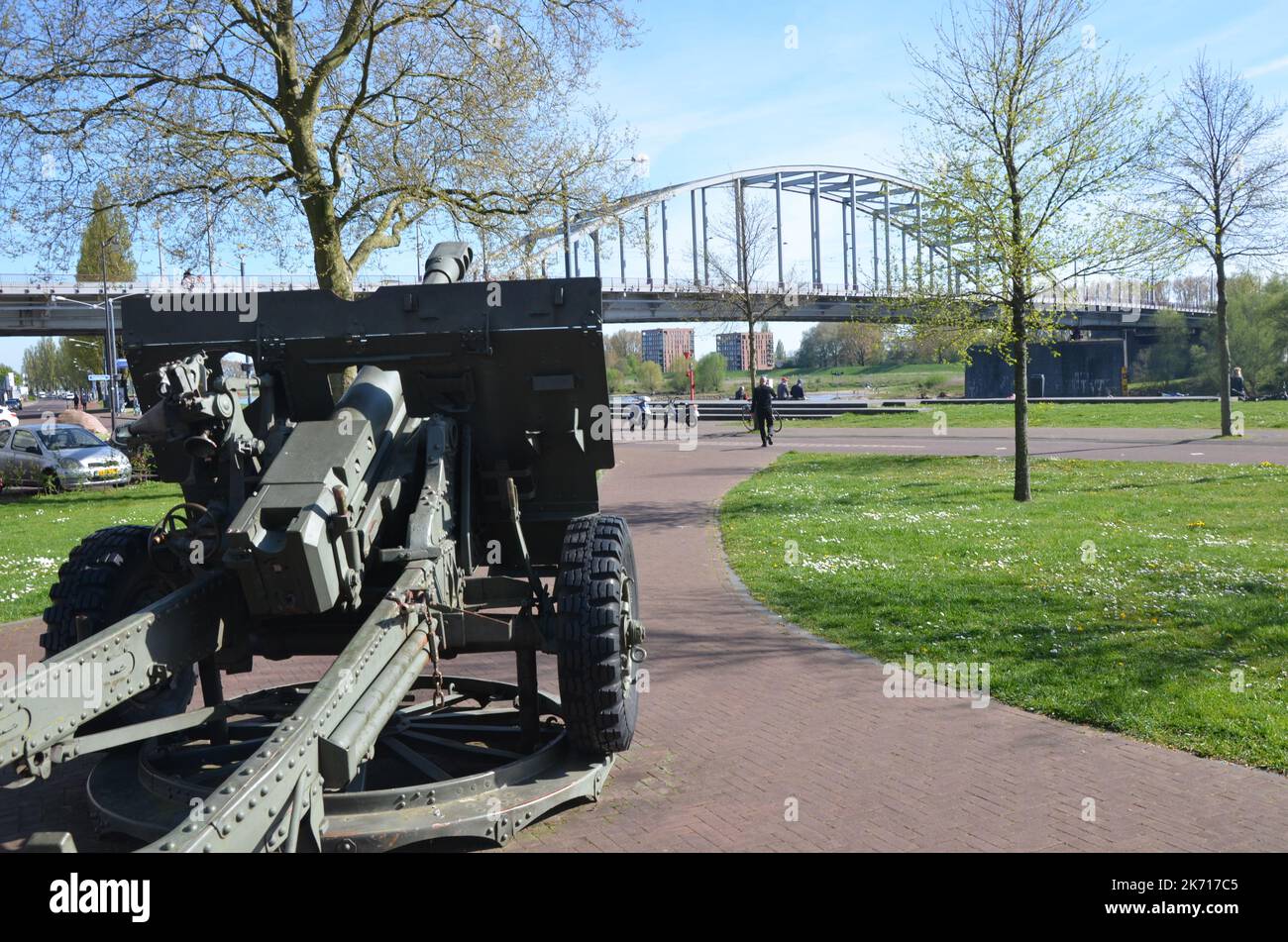 Arnhem, Netherlands - April 18, 2022: artillery gun near the John Frost ...