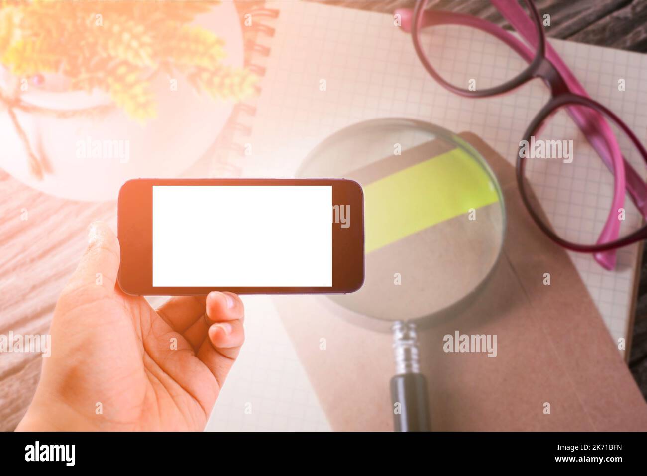Business Concept : White screen smart phone on business table Stock ...