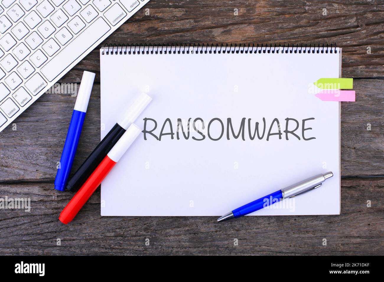 Notebook with RANSOMWARE Handwritten on wooden background and Modern ...