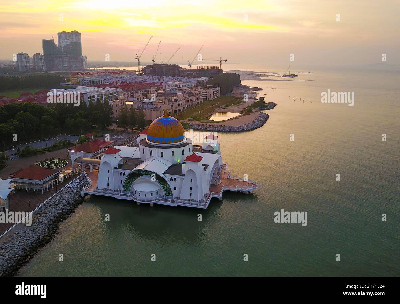 Aerial view of Majestic Malacca Straits Mosque during sunrise Stock ...