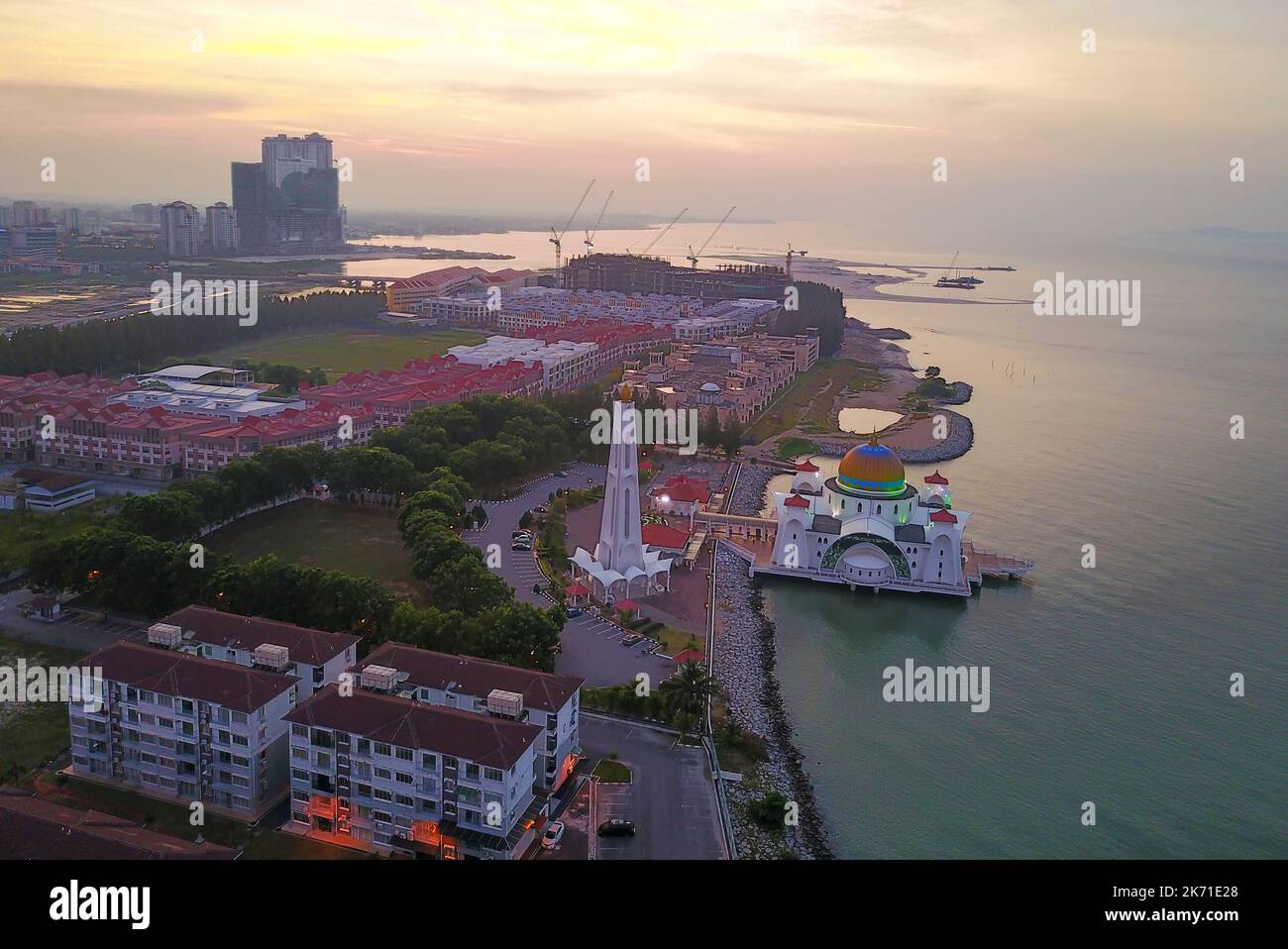 Aerial view of Majestic Malacca Straits Mosque during sunrise Stock ...