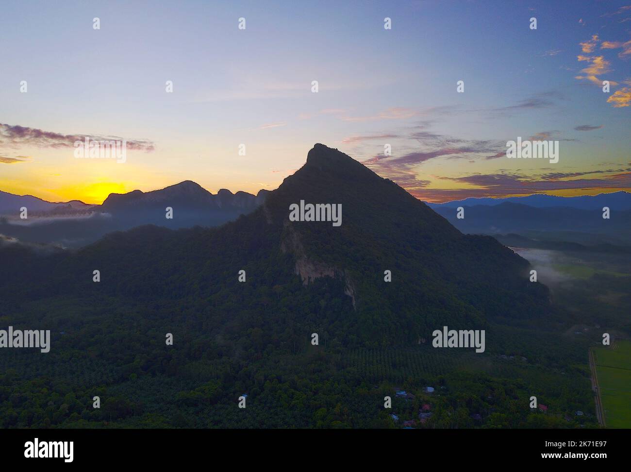 Aerial view of Mount Baling, with padding field view before sunrise ...